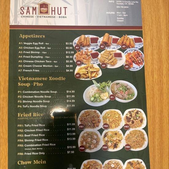 Menu at Sam Hut restaurant, Calimesa