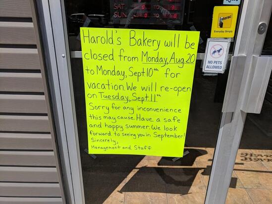 Menu at Harold's Bakery, Sydney River, Kings Rd