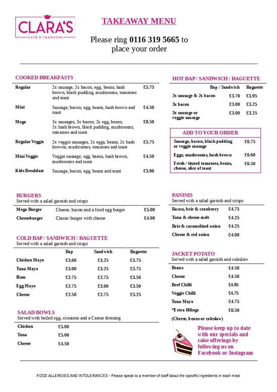 Menu at Clara's Cafe & Tearooms, Leicester