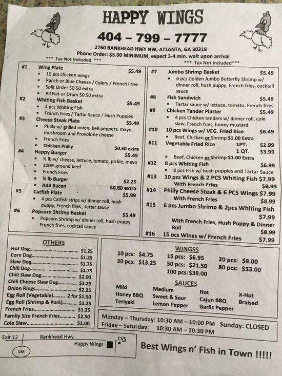 Menu at Happy Wings restaurant, Atlanta, Donald Lee Hollowell Pkwy NW
