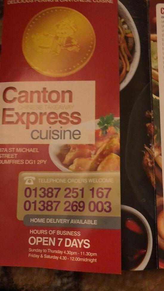 Menu at Canton Express fast food, Dumfries, 87a St Michael St