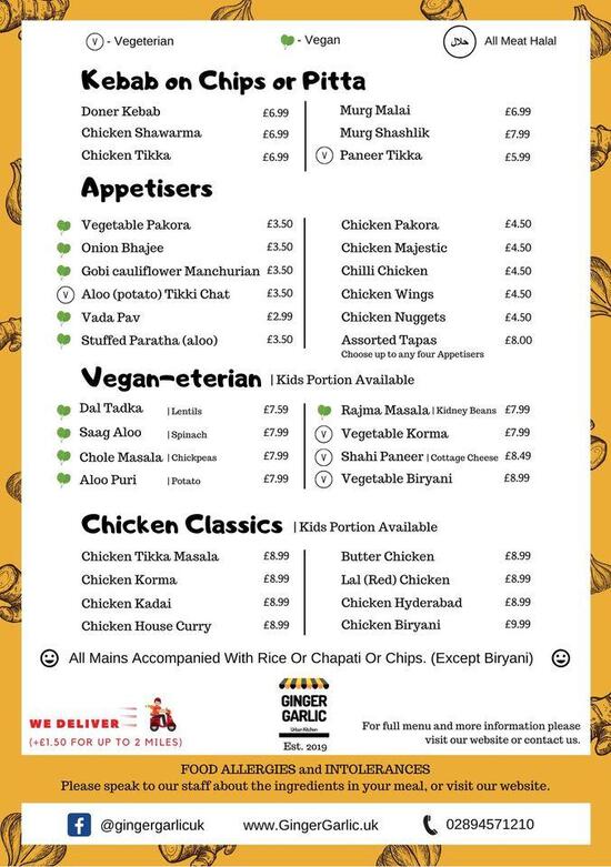 Menu at Ginger Garlic restaurant, Belfast