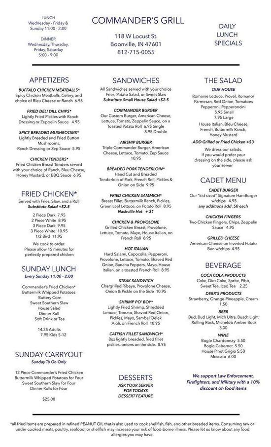 Menu at Commander's Grill restaurant, Boonville