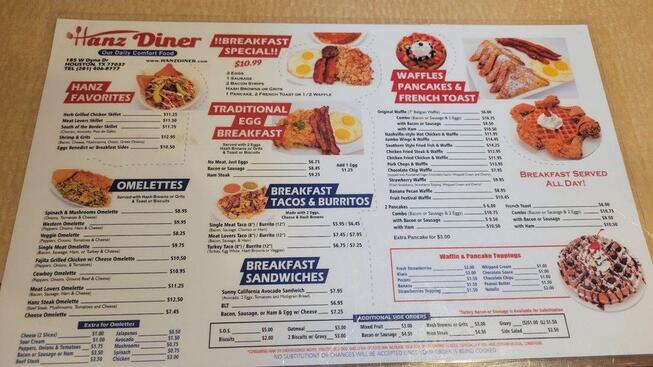Menu at Hanz Diner restaurant, Houston