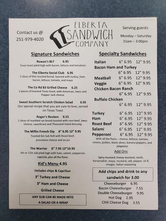 Menu at Elberta Sandwich Company, USA
