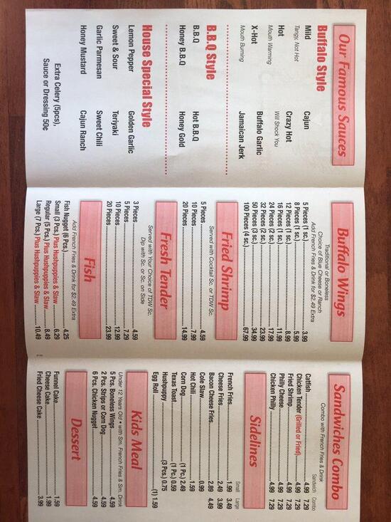 Menu at Touchdown Wings restaurant, Huntsville