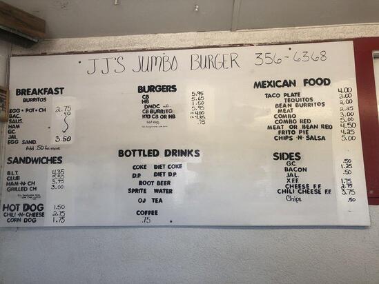 Menu at J J's Jumbo Burgers restaurant, Portales