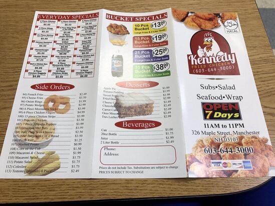 Menu at Kennedy Fried Chicken fast food, Manchester