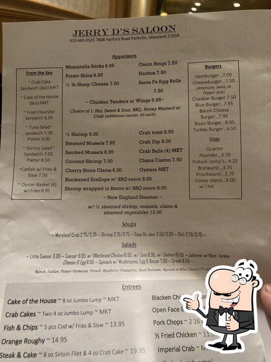 Menu at Jerry D's Saloon restaurant, Parkville