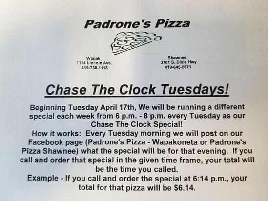 Menu at Padrone's Pizza Shawnee restaurant, Lima, S Dixie Hwy