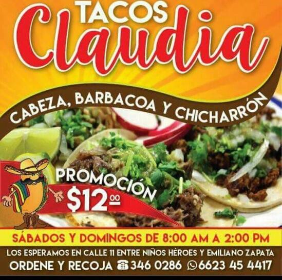 Menu at Tacos Claudia restaurant, Cumpas