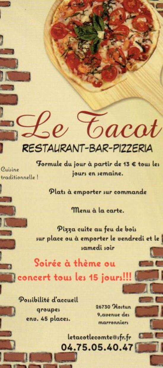 Menu at Le Tacot restaurant, Hostun