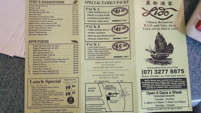 Menu at Lido Chinese Restaurant, Acacia Ridge
