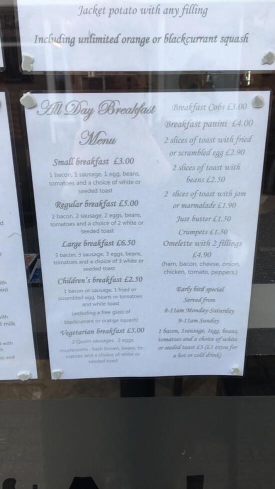 Menu at Miss Adelaide cafe, Skegness