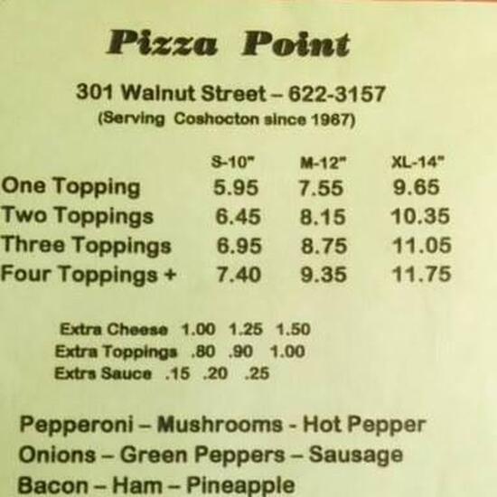 Menu at Pizza Point pizzeria, Coshocton