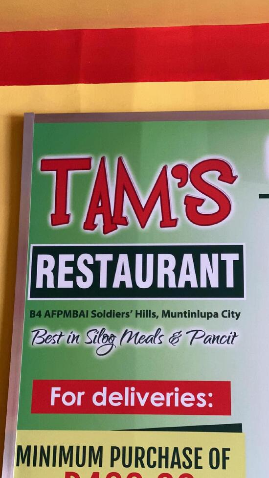 Menu at Tam's Restaurant, Muntinlupa