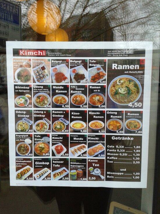 Menu at Kimchi restaurant, Aachen