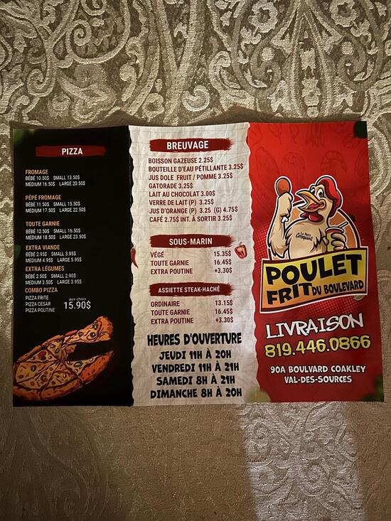 Menu au Poulet Frit du boulevard restaurant, Asbestos