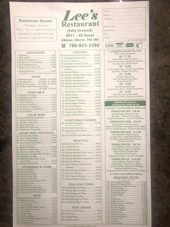 Menu at Lee's Restaurant, Gibbons