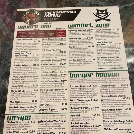 Menu at The Horny Toad American Bar & Grill, Cedar Falls