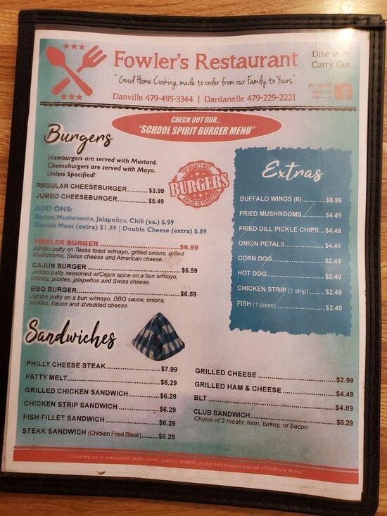 Menu at Fowlers Restaurant, Dardanelle