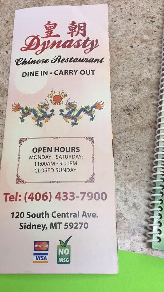 Menu at Dynasty Chinese restaurant, Sidney