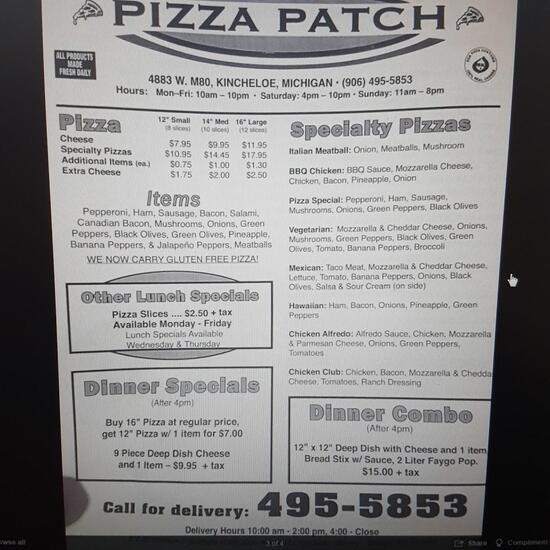 Menu at Pizza Patch pizzeria, Kinross Charter Township