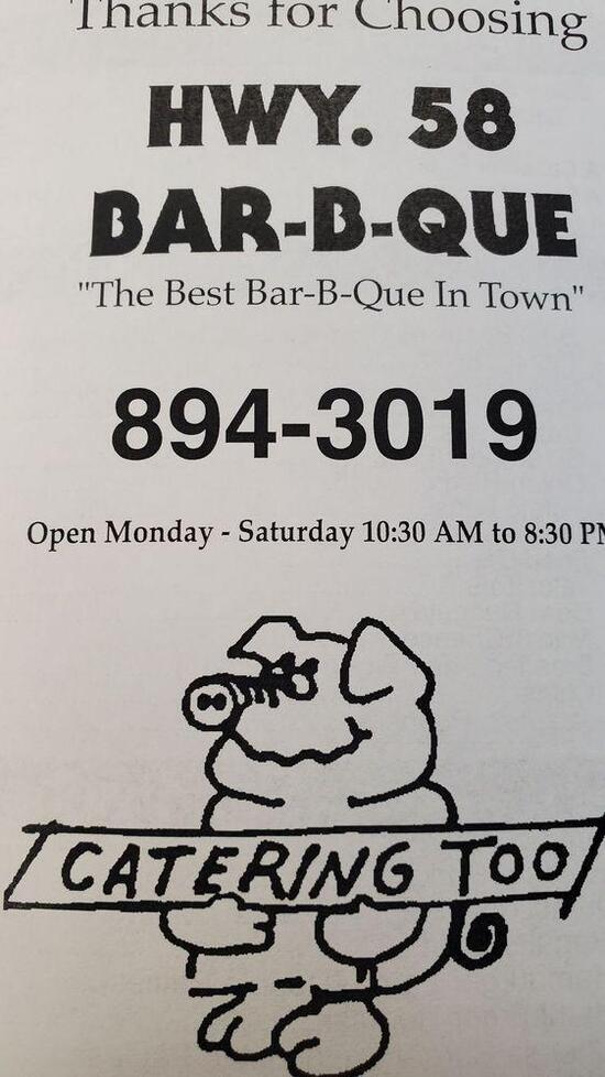 Menu at Highway 58 BBQ, Chattanooga