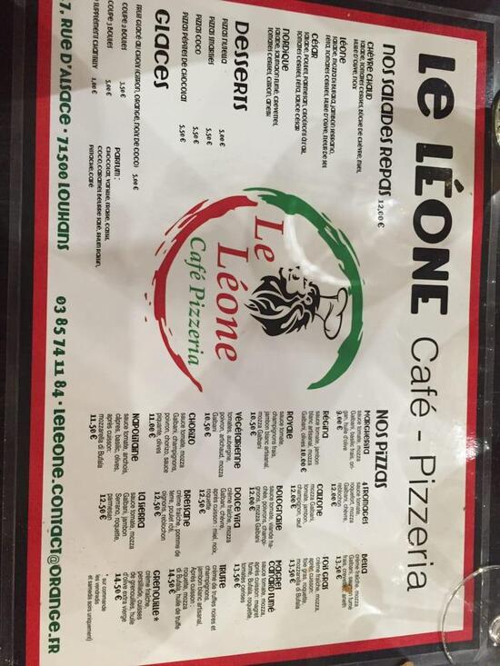 Menu au Le Léone pizzeria, Louhans