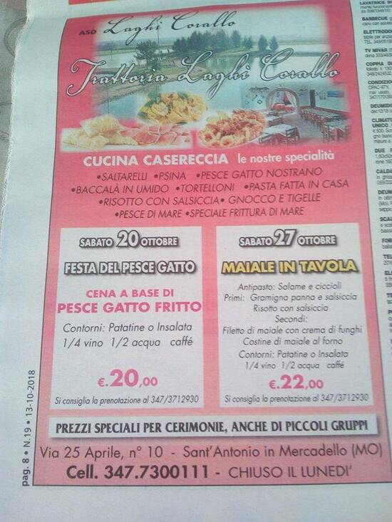 Menu da Trattoria Lago Corallo ristorante, Novi di Modena