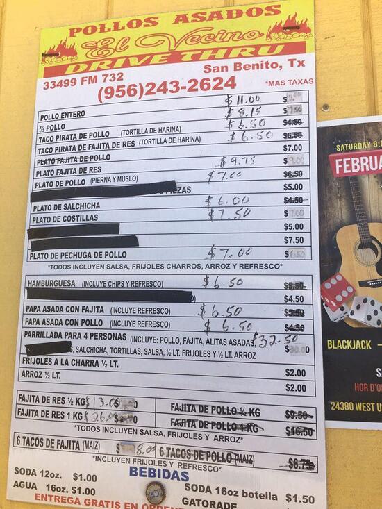 Menu at Pollos Asados El Vecino BBQ, San Benito
