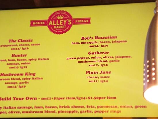 Menu at Alley's Market pizzeria, Traverse City