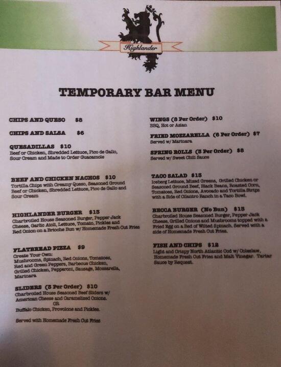 Menu at Highlanders At the Place pub & bar, The Woodlands