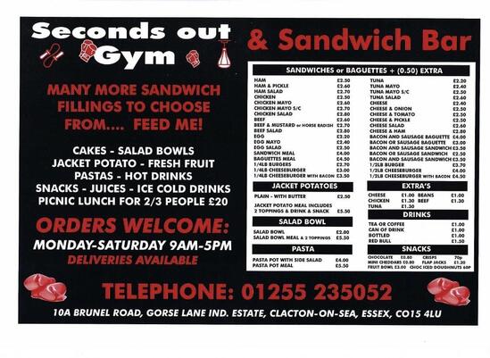 Menu at Seconds Out Gym and Sandwich Bar, Clacton-on-Sea