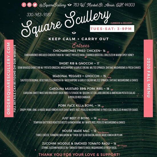 Menu at The Square Scullery restaurant, Akron