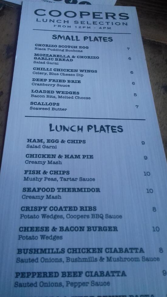 Menu at Coopers restaurant, Coleraine