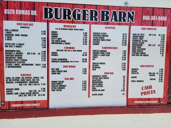 Menu at Burger Barn, Amarillo