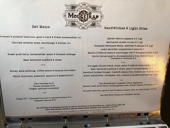 Menu at The Mousetrap Inn pub & bar, Bourton-on-the-Water
