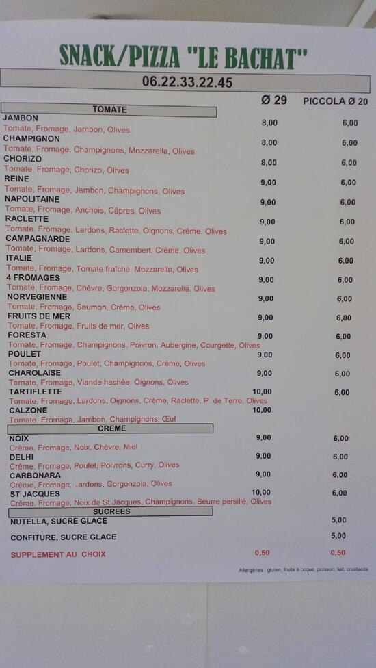 Menu at Snack pizza le bachat restaurant, Le Bessat
