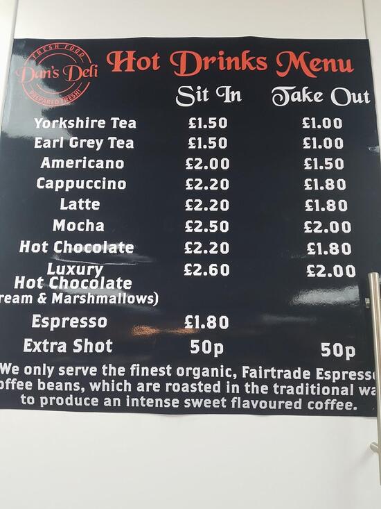 Menu at Dan's Deli cafe, Pontefract