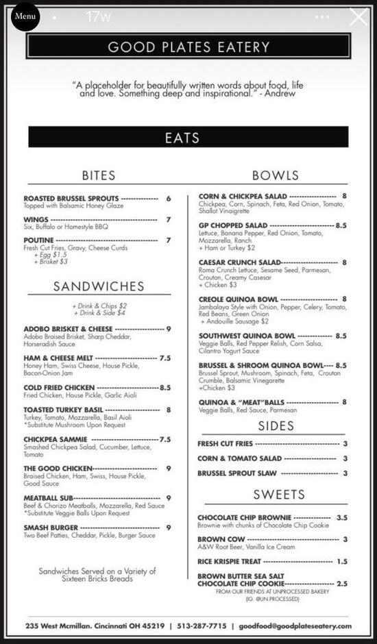 Menu at Good Plates Eatery restaurant, Cincinnati