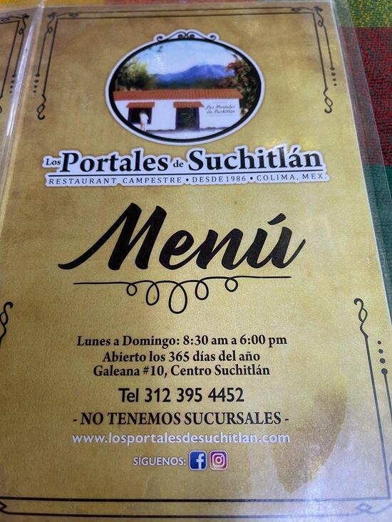 Menu at Los Portales de Suchitlán restaurant, Suchitlán
