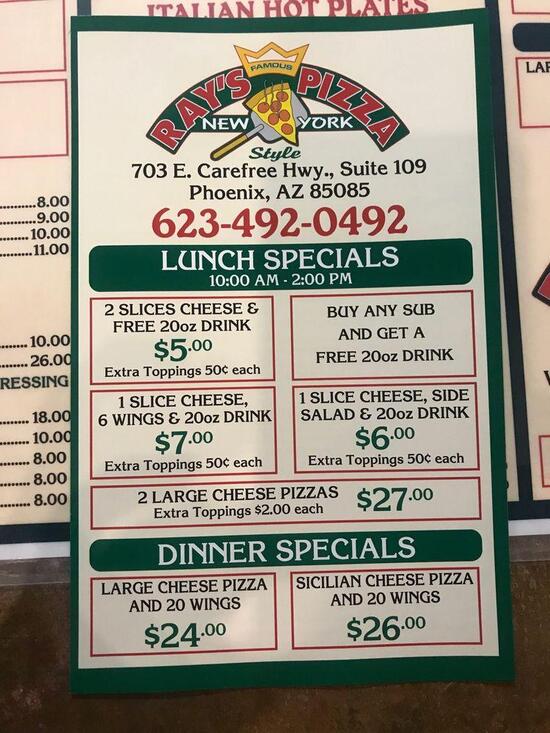 Carta de pizzería Ray's Pizza II, Phoenix