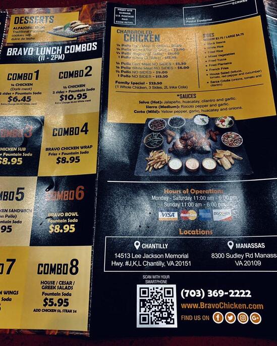 Menu at Bravo Peruvian Chicken restaurant, Manassas