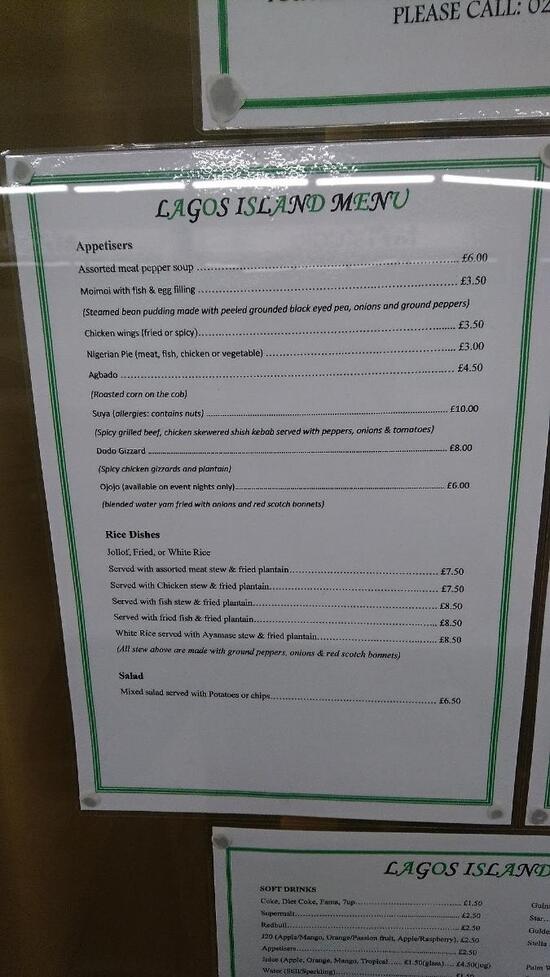 Menu at Lagos Island restaurant, Croydon