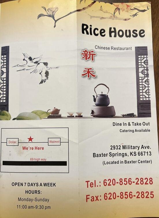 Menu at Rice House Chinese Restaurant, Baxter Springs
