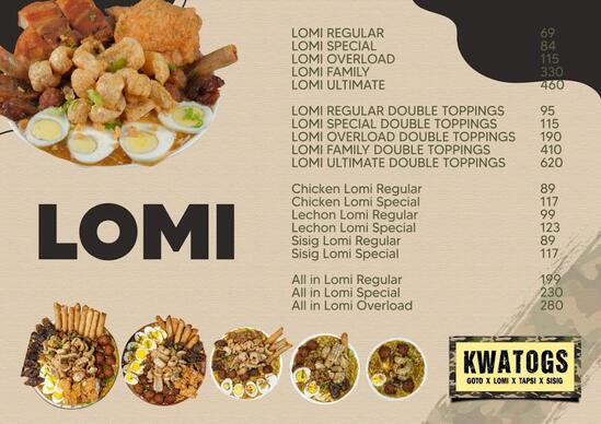 Carta del restaurante Kwatogs Lomi House Bridgepoint Sto. Tomas ...