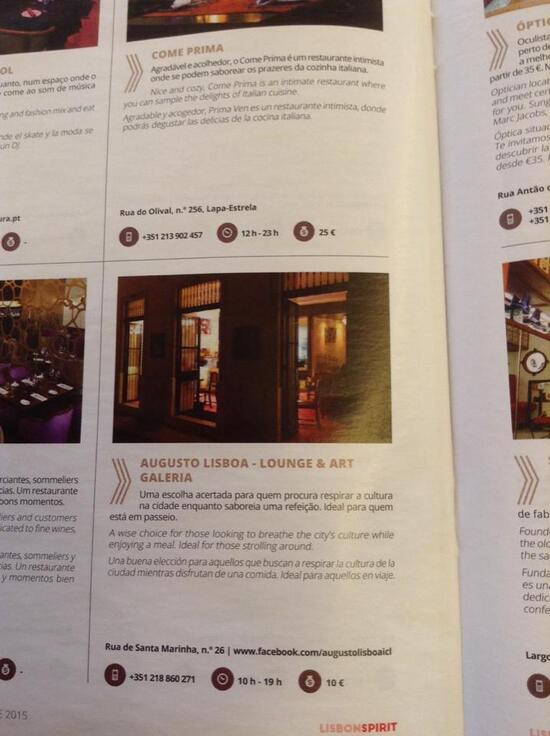 Menu at Augusto Lisboa - Lounge & Art Galeria restaurant, Lisbon