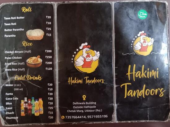 Menu at Hakimi tandoors, Udaipur