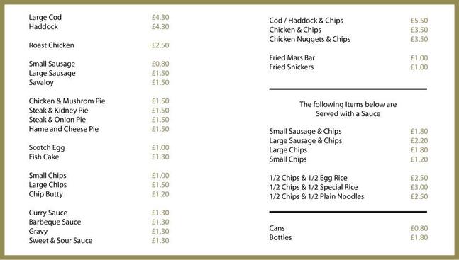 Menu at The Chinese Chippy fast food, Southend-on-Sea